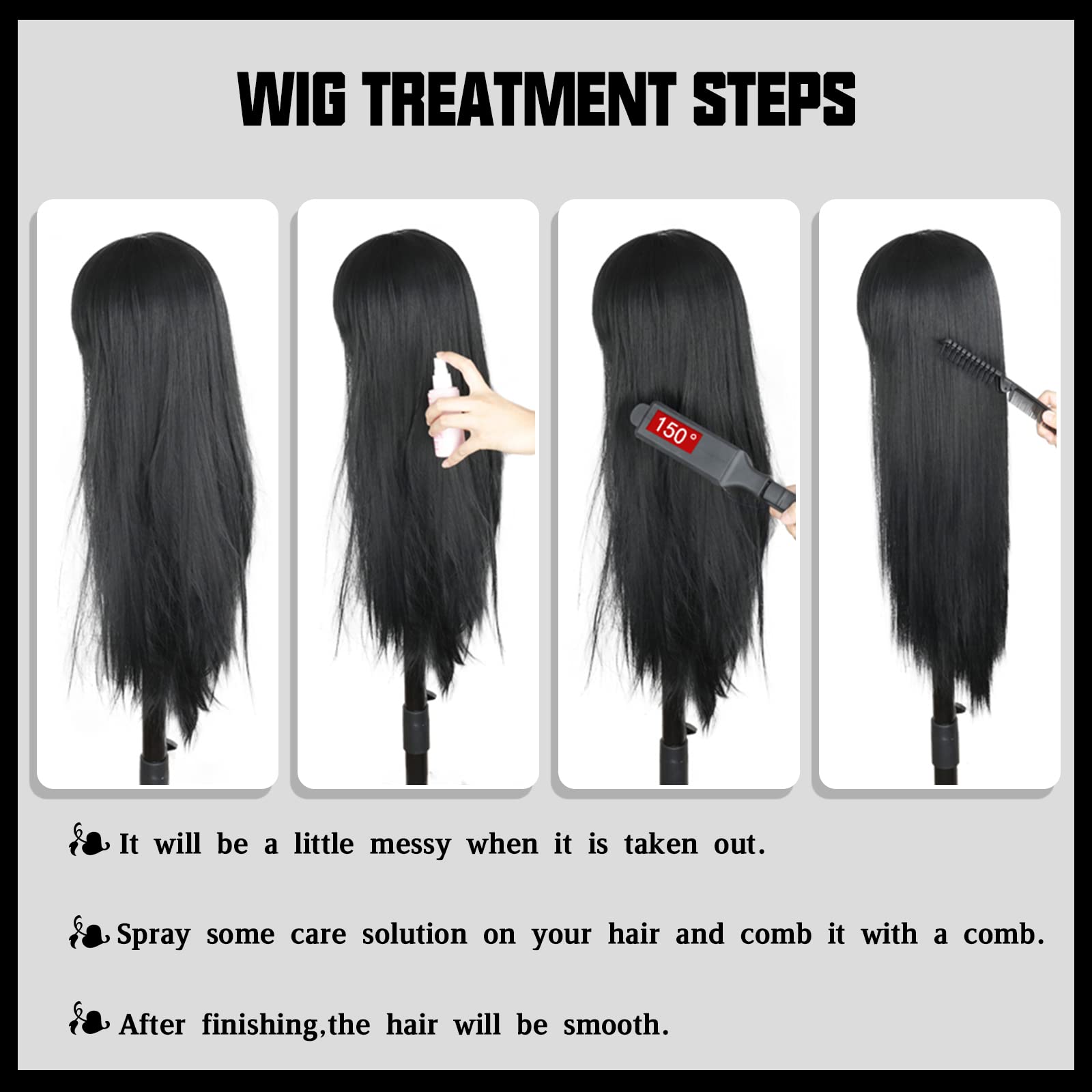 MISSQUEEN Long Black Wigs with Bangs, Straight Black Wigs for Women, Synthetic 30 Inch Long Straight Black Bangs Wig for Daily Wear