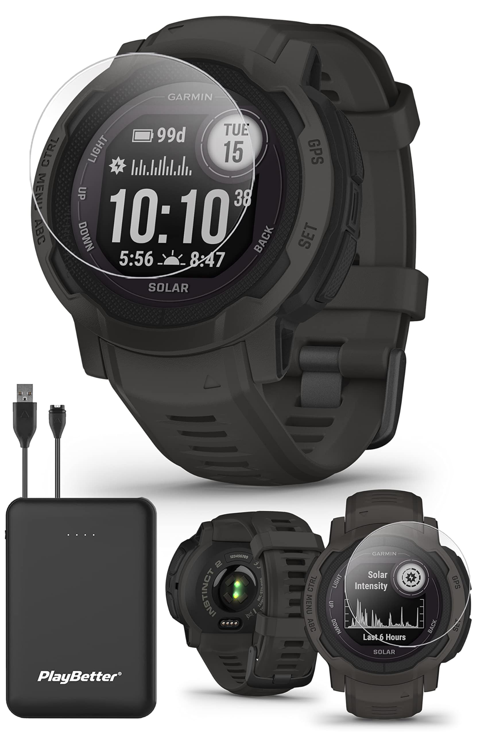 PlayBetter Garmin Instinct 2 Camo (Graphite) Rugged GPS Smartwatch Bundle - Outdoor Military Watch, Multi-GNSS & 24/7 Fitness Tracker, S/M, 40mm - Includes Screen Protectors & Portable Charger