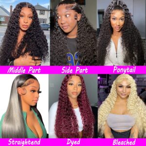 Water Wave Lace Front Wigs Human Hair 180% Density 13x4 HD Lace Frontal Wigs Human Hair Wet and Wavy Glueless Wigs for Women Deep Curly Human Hair Lace Front Wigs Pre Plucked Natural Color 24 Inch