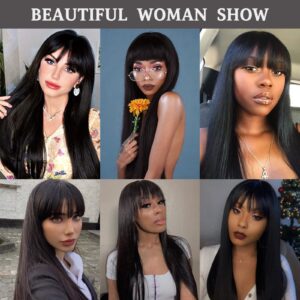 MISSQUEEN Long Black Wigs with Bangs, Straight Black Wigs for Women, Synthetic 30 Inch Long Straight Black Bangs Wig for Daily Wear