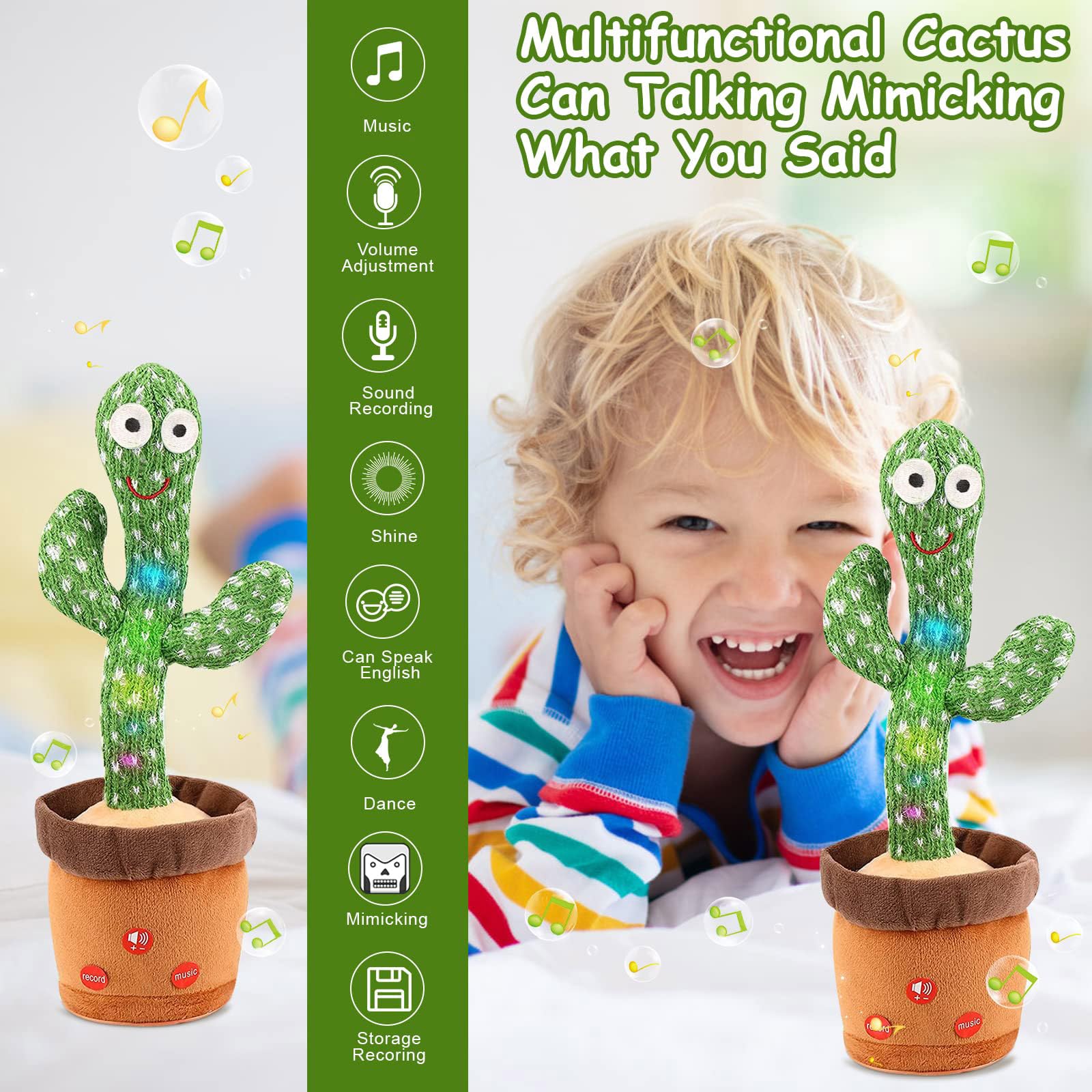 MILEGI Volume Adjustable Dancing Cactus Talking Cactus Baby Toys Singing Toys, Baby Cactus Repeating What You Say Baby Boy Toys Imitation Toys Glowing Musical Toys Children's Toys