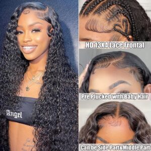 Water Wave Lace Front Wigs Human Hair 180% Density 13x4 HD Lace Frontal Wigs Human Hair Wet and Wavy Glueless Wigs for Women Deep Curly Human Hair Lace Front Wigs Pre Plucked Natural Color 24 Inch