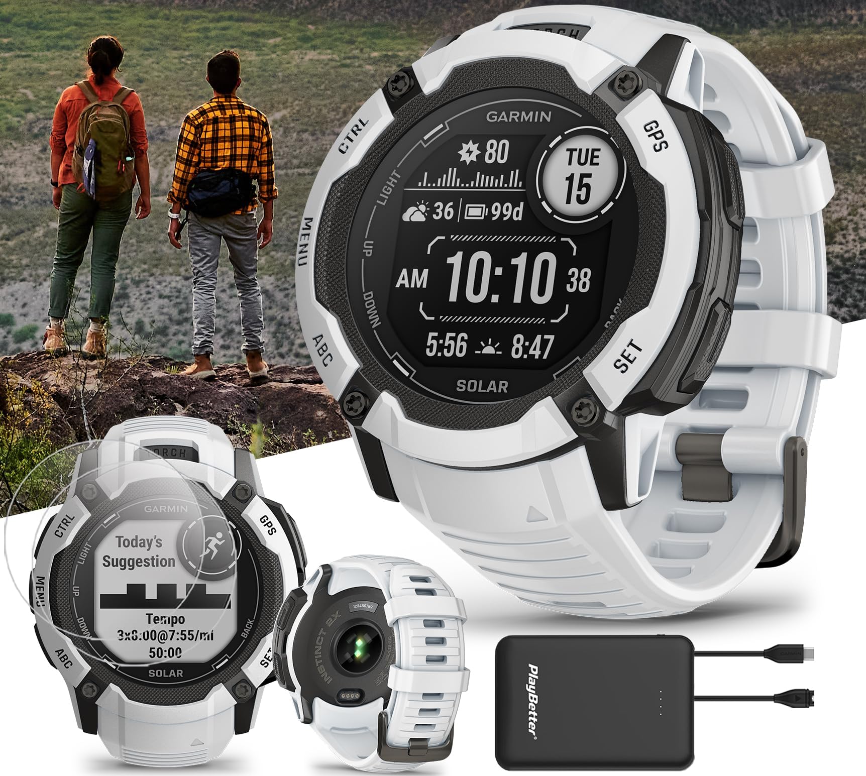 Garmin Instinct 2 Solar Tactical (Black) Rugged GPS Smartwatch Bundle - Multi-Band GNSS, 24/7 Health Monitoring, Smart Notifications with PlayBetter Portable Charger & Screen Protectors