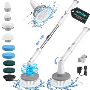 khelfer electric spin scrubber kh8, 2024 upgrade cordless shower scrubber 8 replacement head, 1.5h bathroom scrubber dual speed, shower cleaning brush with extension arm for bathtub tile floor