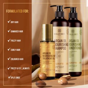 MagiForet Argan Oil Nourishing Daily Care Set, Shampoo 500ml + Conditioner 500ml + Hair Serum 100ml, Sulfate Free Paraben Free, Soft & Smooth, Gentle on Frizz, Curly & Color Treated Hair