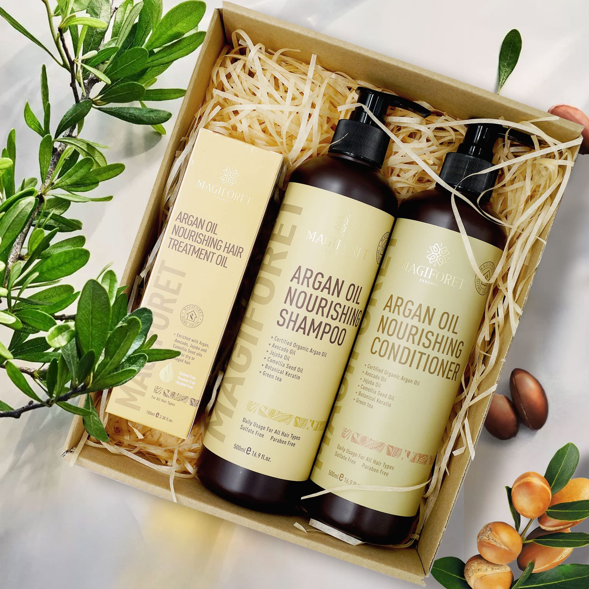 MagiForet Argan Oil Nourishing Daily Care Set, Shampoo 500ml + Conditioner 500ml + Hair Serum 100ml, Sulfate Free Paraben Free, Soft & Smooth, Gentle on Frizz, Curly & Color Treated Hair