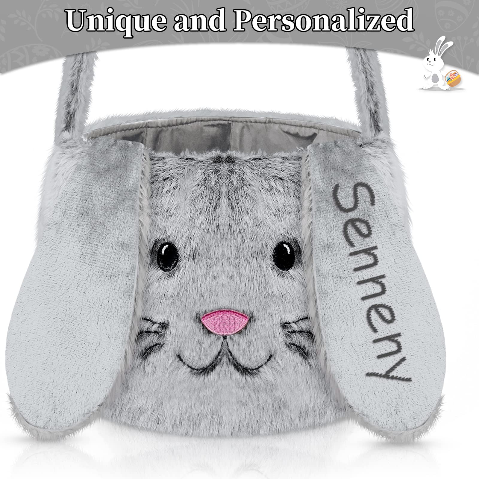 Senneny Easter Baskets for Kids, Personalized Plush Bunny Basket Gift for Girls Boys, Cute Fluffy Eggs Hunting Buckets Bags with Foldable Rabbit Ears, Light Gray