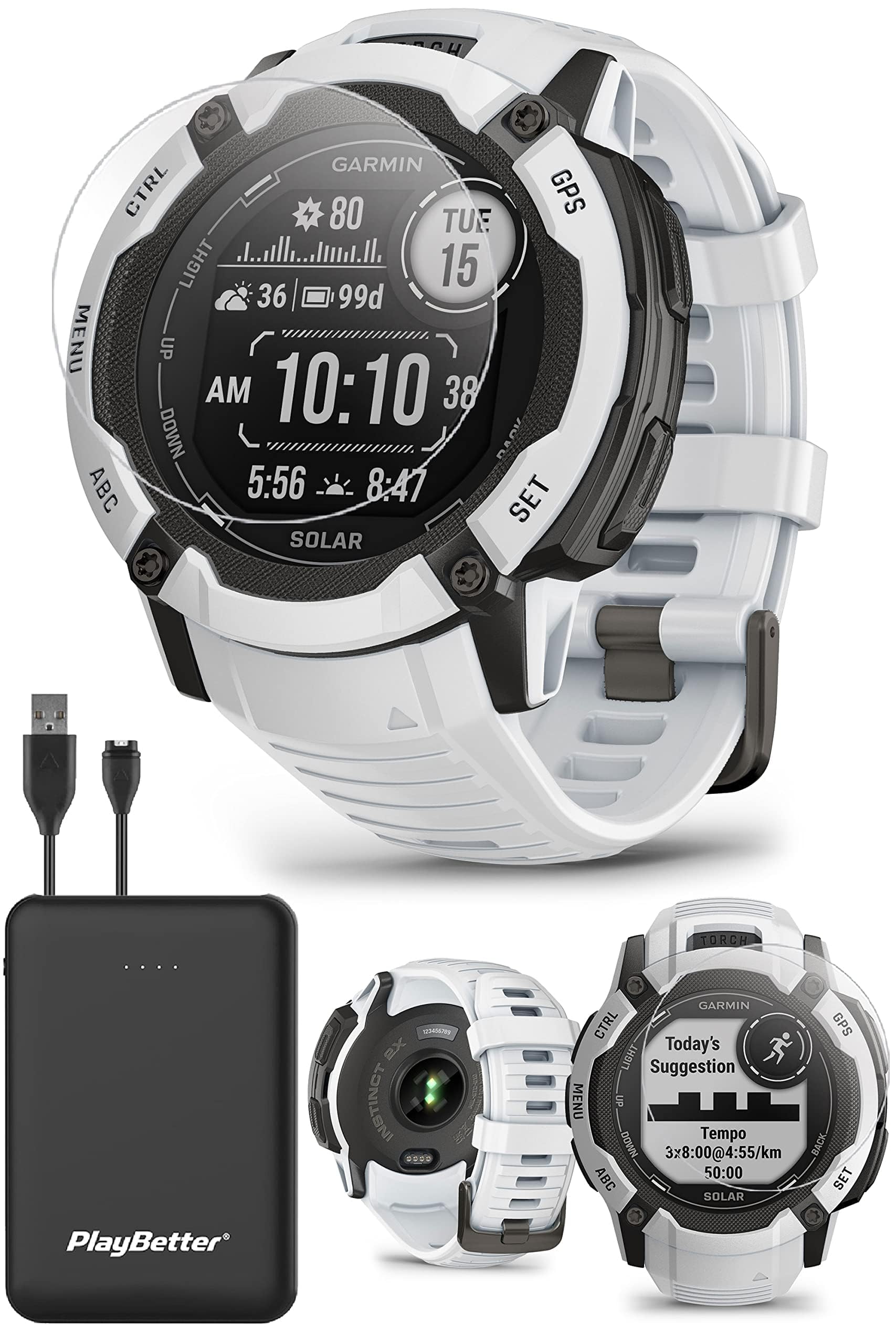 Garmin Instinct 2 Solar Tactical (Black) Rugged GPS Smartwatch Bundle - Multi-Band GNSS, 24/7 Health Monitoring, Smart Notifications with PlayBetter Portable Charger & Screen Protectors