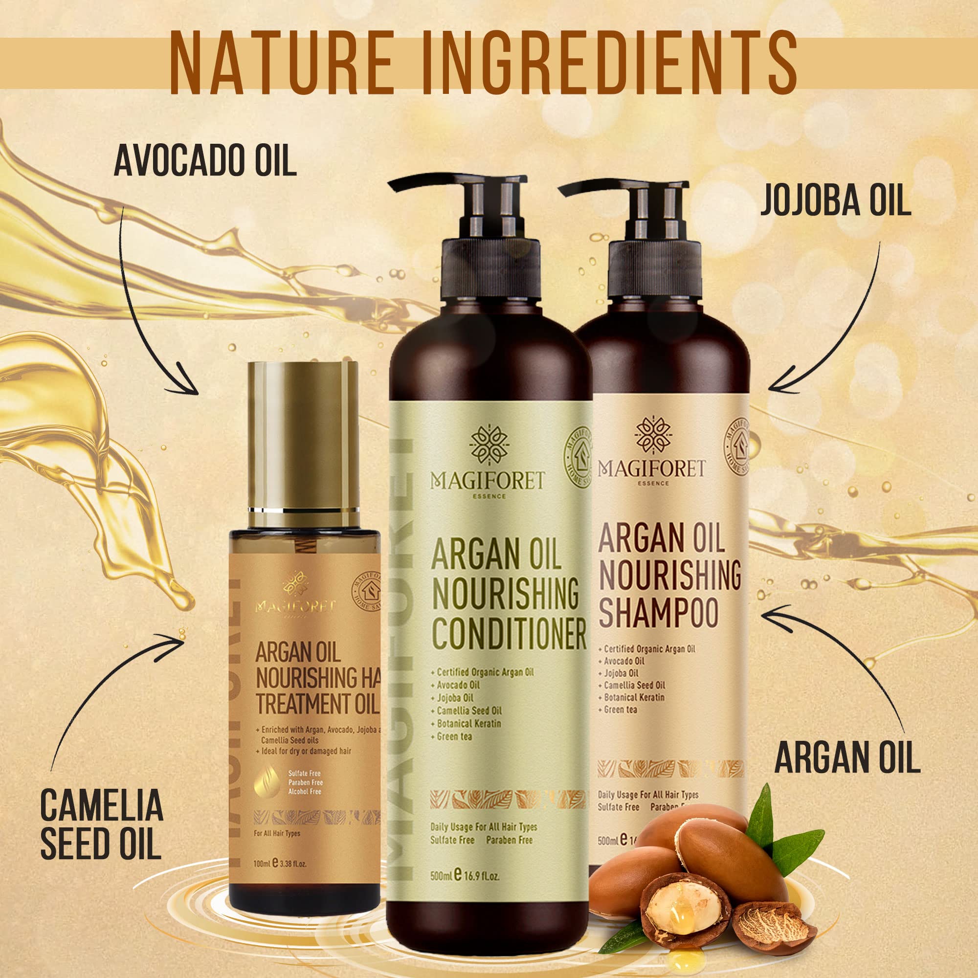 MagiForet Argan Oil Nourishing Daily Care Set, Shampoo 500ml + Conditioner 500ml + Hair Serum 100ml, Sulfate Free Paraben Free, Soft & Smooth, Gentle on Frizz, Curly & Color Treated Hair