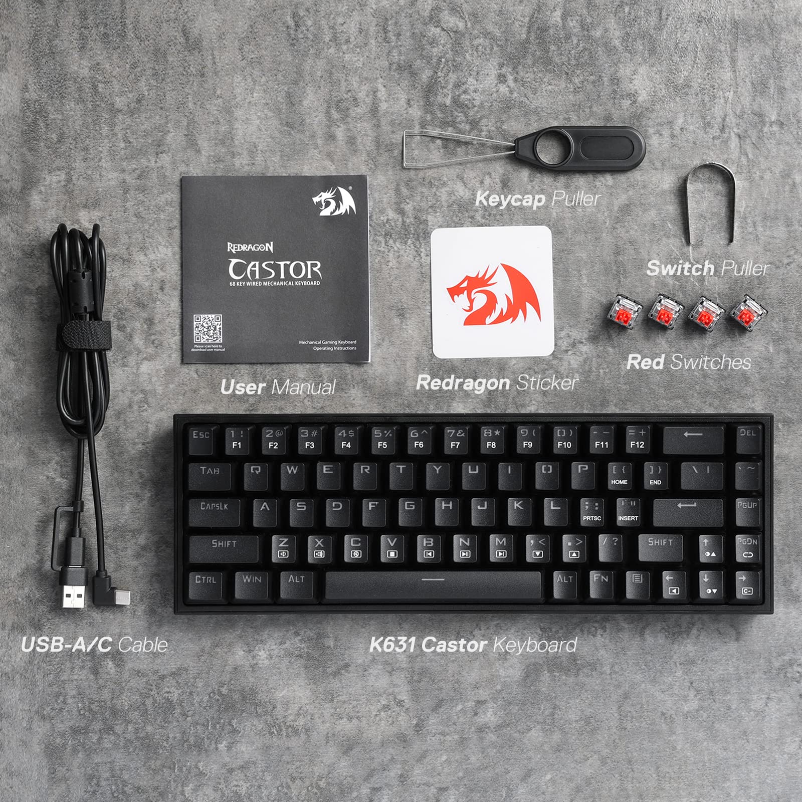 Redragon K631 Castor 65% Wired RGB Gaming Keyboard, 68 Keys Hot-Swappable Compact Mechanical Keyboard w/100% Hot-Swap Socket, Free-Mod Plate Mounted PCB & Dedicated Arrow Keys, Quiet Red Linear Switch