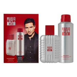 mario lopez 2 piece cologne gift set (100ml edt + deo spray) for men - red