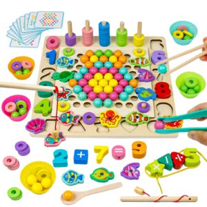 montessori toys for 3 4 5 year old, 6 in 1 wooden board bead game, preschool fine motor skills toddler toys for kids ages 3 4 5, color sorting educational toys, magnetic fishing gift for boys girls