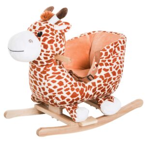 qaba kids plush ride-on rocking horse toy giraffe style with song for 18-36 months, brown