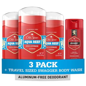 old spice men's deodorant aluminum-free aqua reef, 3.0oz pack of 3 with travel-size swagger body wash