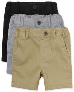 the children's place baby boys' and toddler stretch chino shorts, black/fin gray/flax 3-pack, 9-12 months