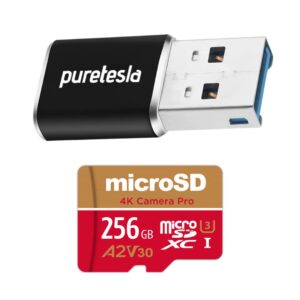 puretesla teslacam usb drive 256 gb – plug and play usb endurance microsd drive pre-formatted for tesla, teslacam, dashcam,