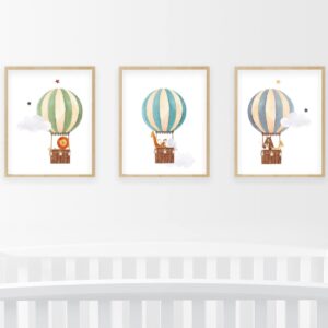 bumbleboo Nistio® Hot Air Balloon Safari Animals Nursery Wall Prints, Play Room Decoration, Nursery Wall Art, Nursery Room Decor, Safari Animals Print Set, Unframed, Set of 3 Prints, 8x10