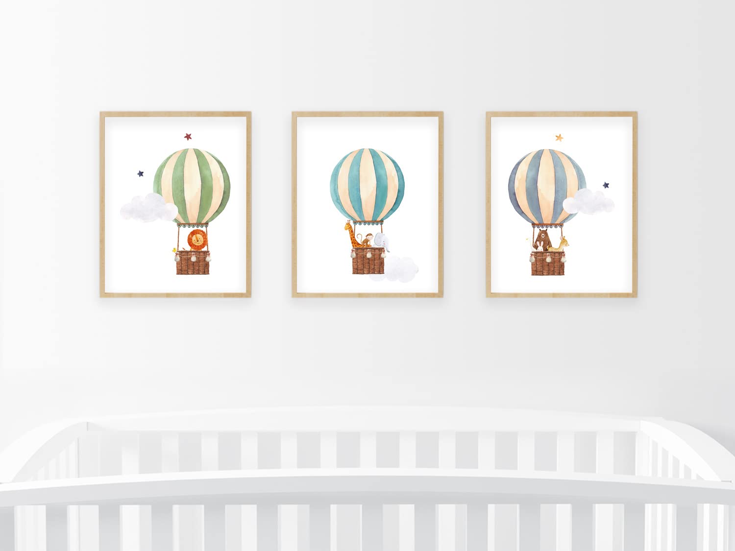 bumbleboo Nistio® Hot Air Balloon Safari Animals Nursery Wall Prints, Play Room Decoration, Nursery Wall Art, Nursery Room Decor, Safari Animals Print Set, Unframed, Set of 3 Prints, 8x10