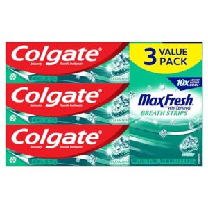 colgate max fresh with whitening toothpaste with mini breath strips, clean mint toothpaste for bad breath, 6.3 oz tube. 3 pack