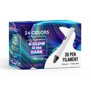 24 Colors 3D Pen Filament. Includes 20 Vibe Colors and 4 Glow in Dark Colors. 10 Feet, 1.75mm Each. PLA Kids Safe Refill