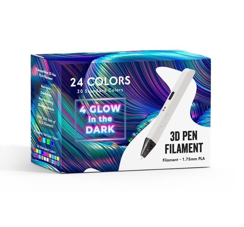 24 Colors 3D Pen Filament. Includes 20 Vibe Colors and 4 Glow in Dark Colors. 10 Feet, 1.75mm Each. PLA Kids Safe Refill