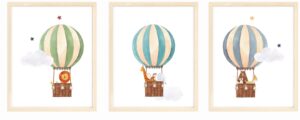 bumbleboo nistio® hot air balloon safari animals nursery wall prints, play room decoration, nursery wall art, nursery room decor, safari animals print set, unframed, set of 3 prints, 8x10