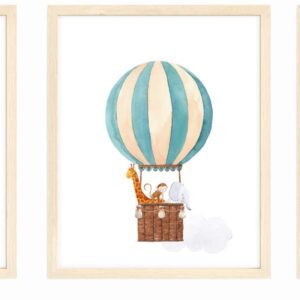 bumbleboo Nistio® Hot Air Balloon Safari Animals Nursery Wall Prints, Play Room Decoration, Nursery Wall Art, Nursery Room Decor, Safari Animals Print Set, Unframed, Set of 3 Prints, 8x10