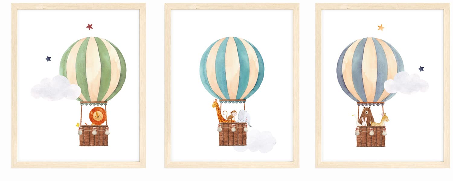 bumbleboo Nistio® Hot Air Balloon Safari Animals Nursery Wall Prints, Play Room Decoration, Nursery Wall Art, Nursery Room Decor, Safari Animals Print Set, Unframed, Set of 3 Prints, 8x10