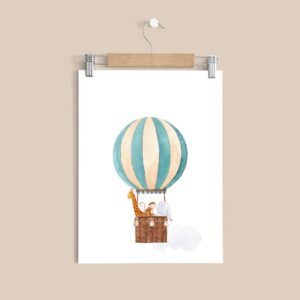 bumbleboo Nistio® Hot Air Balloon Safari Animals Nursery Wall Prints, Play Room Decoration, Nursery Wall Art, Nursery Room Decor, Safari Animals Print Set, Unframed, Set of 3 Prints, 8x10