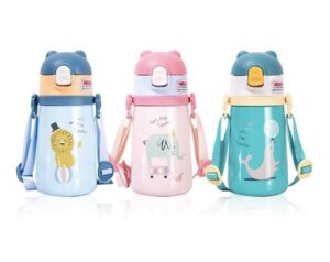 stainless steel double wall insulated water bottle for kids with bpa free straw + adjustable strap (pink)