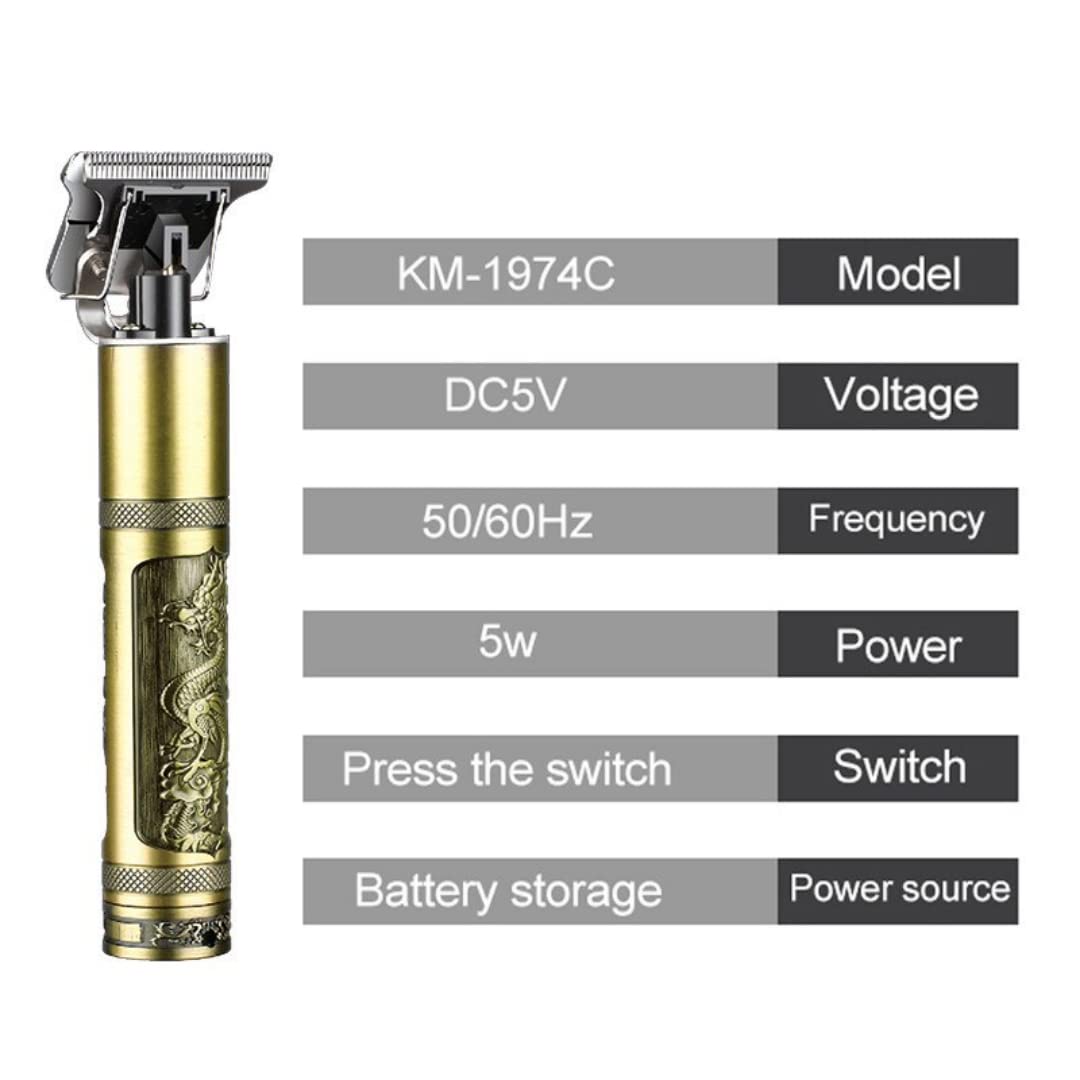 KEMEI Professional Hair Clippers Cordless Trimmer Rechargeable T Shape Stainless Steel Electric Shaver (Dragon Carved)