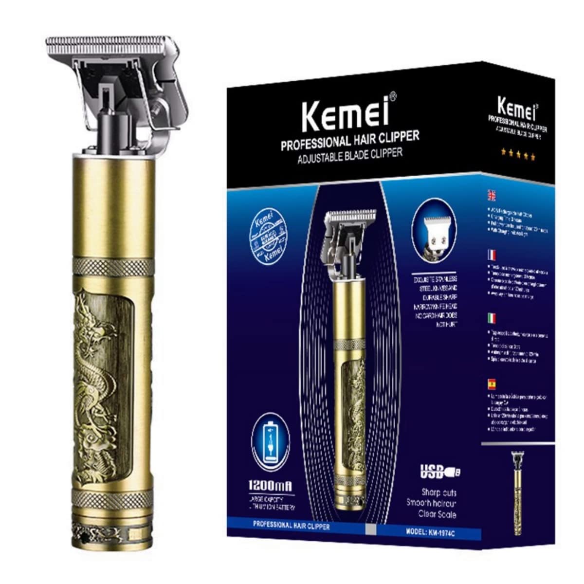 KEMEI Professional Hair Clippers Cordless Trimmer Rechargeable T Shape Stainless Steel Electric Shaver (Dragon Carved)