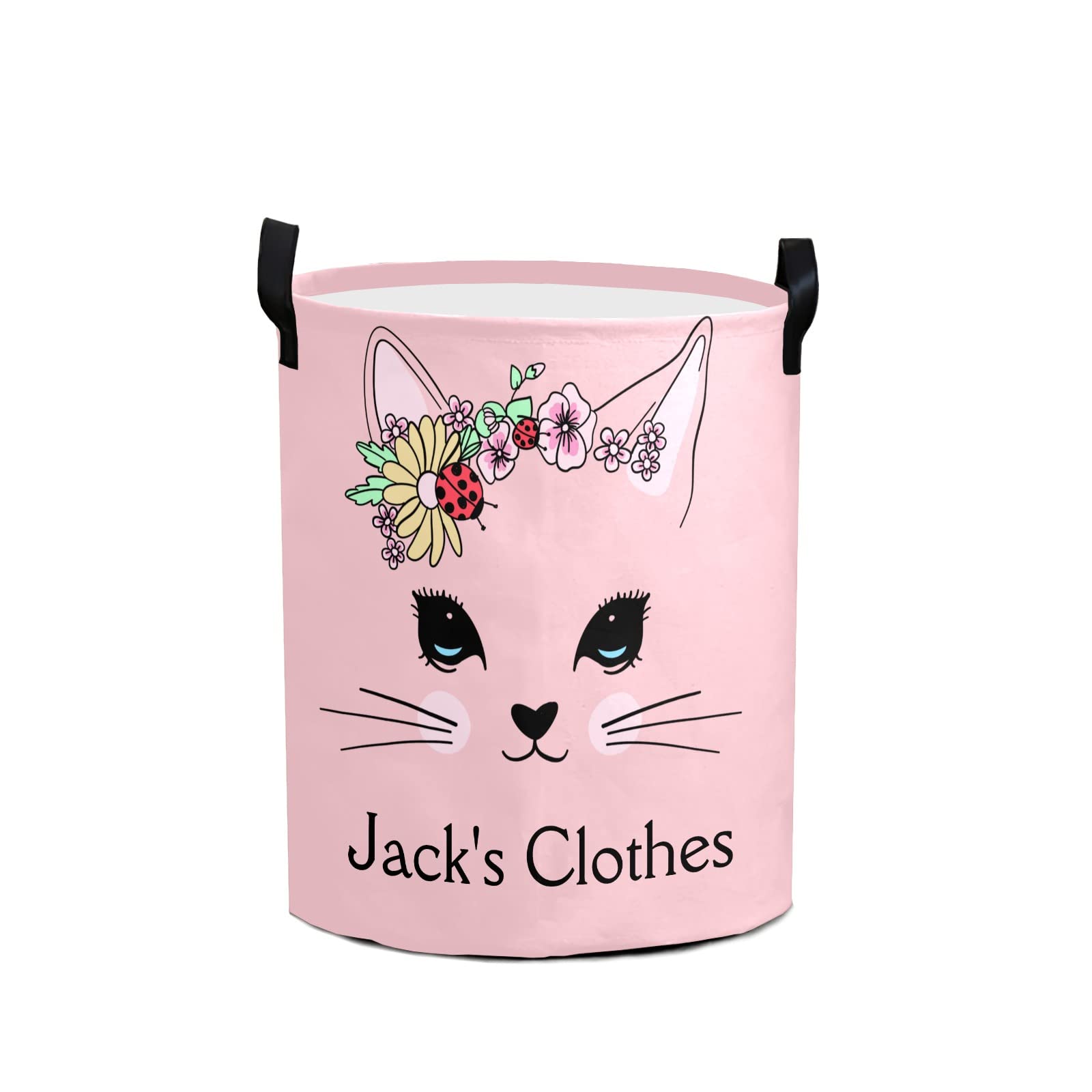 Cute Cat Personalized Freestanding Laundry Hamper, Custom Waterproof Collapsible Drawstring Basket Storage Bins with Handle for Clothes