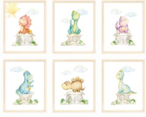 bumbleboo dinosaur nursery wall prints, play room decoration for boy, nursery wall art, nursery room decor, dinosaur room decor for boys, unframed, set of 6 prints, 8x10