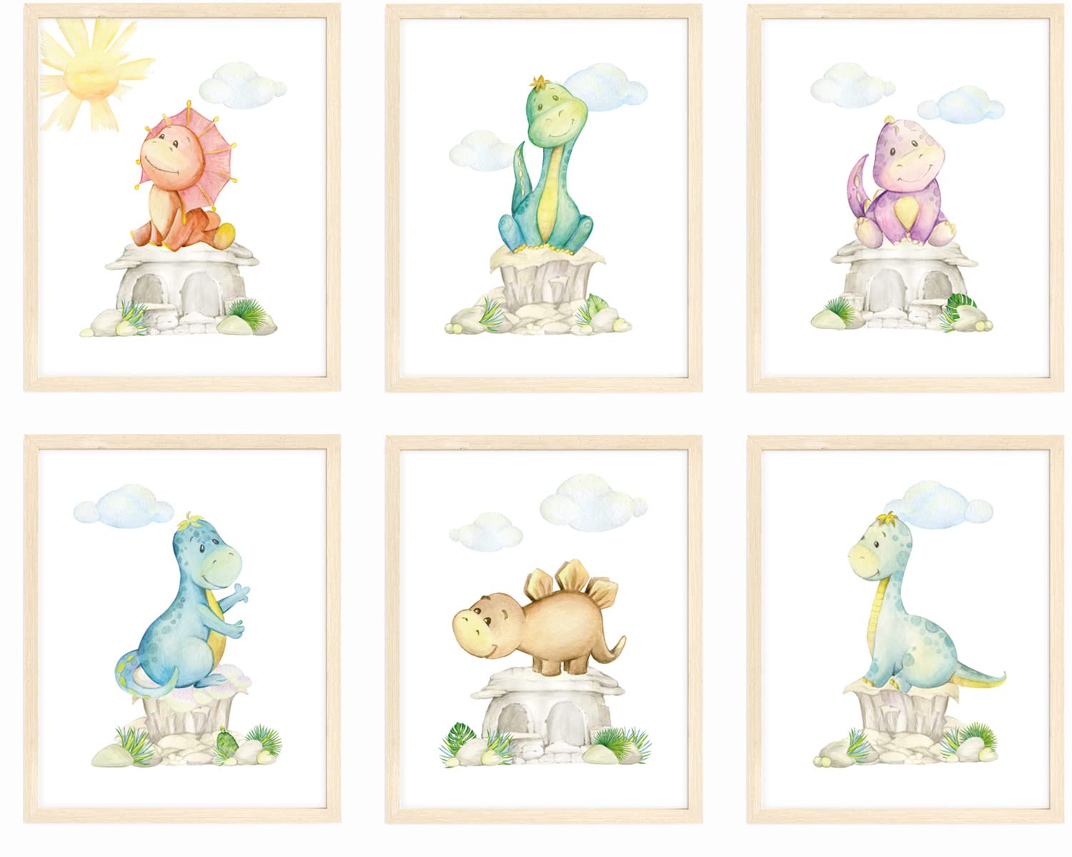 bumbleboo Dinosaur Nursery Wall Prints, Play Room Decoration For Boy, Nursery Wall Art, Nursery Room Decor, Dinosaur Room Decor For Boys, Unframed, Set of 6 Prints, 8x10