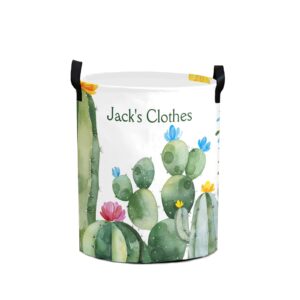 grandkli green cactus succulents flowers personalized freestanding laundry hamper, custom waterproof collapsible drawstring basket storage bins with handle for clothes, toy, 50cm x 36cm