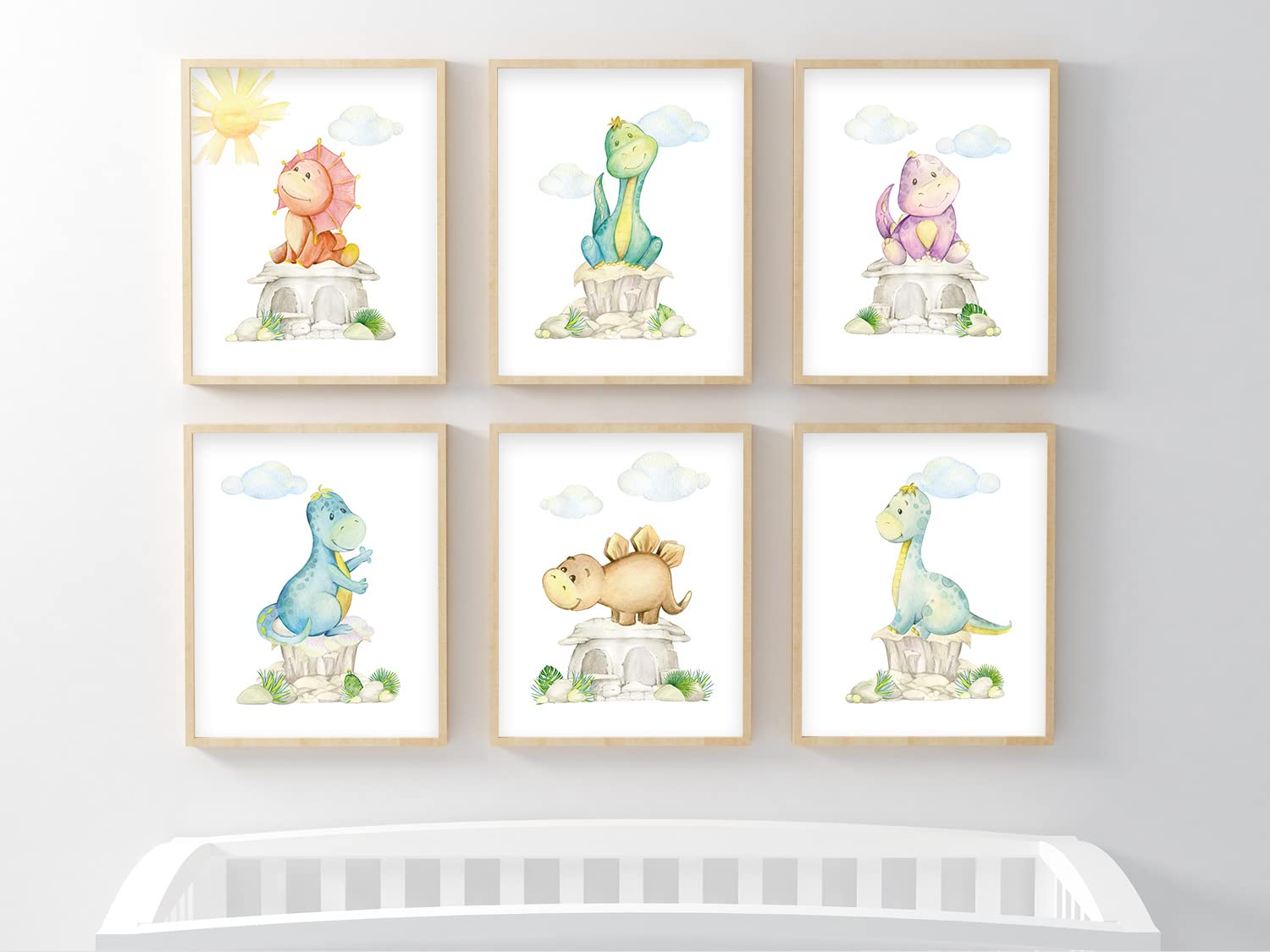 bumbleboo Dinosaur Nursery Wall Prints, Play Room Decoration For Boy, Nursery Wall Art, Nursery Room Decor, Dinosaur Room Decor For Boys, Unframed, Set of 6 Prints, 8x10