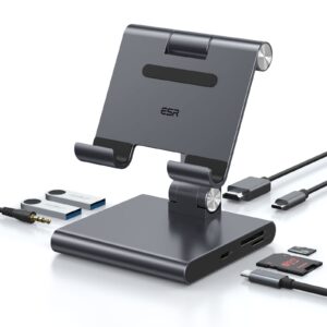 esr 8-in-1 portable stand hub, usb c hub with adjustable stand, 100w pd charging, 2 usb 3.0 ports, 4k hdmi, 3.5-mm jack, sd/microsd card slots, compatible with ipad 10, ipad pro, and other usb-c ipads