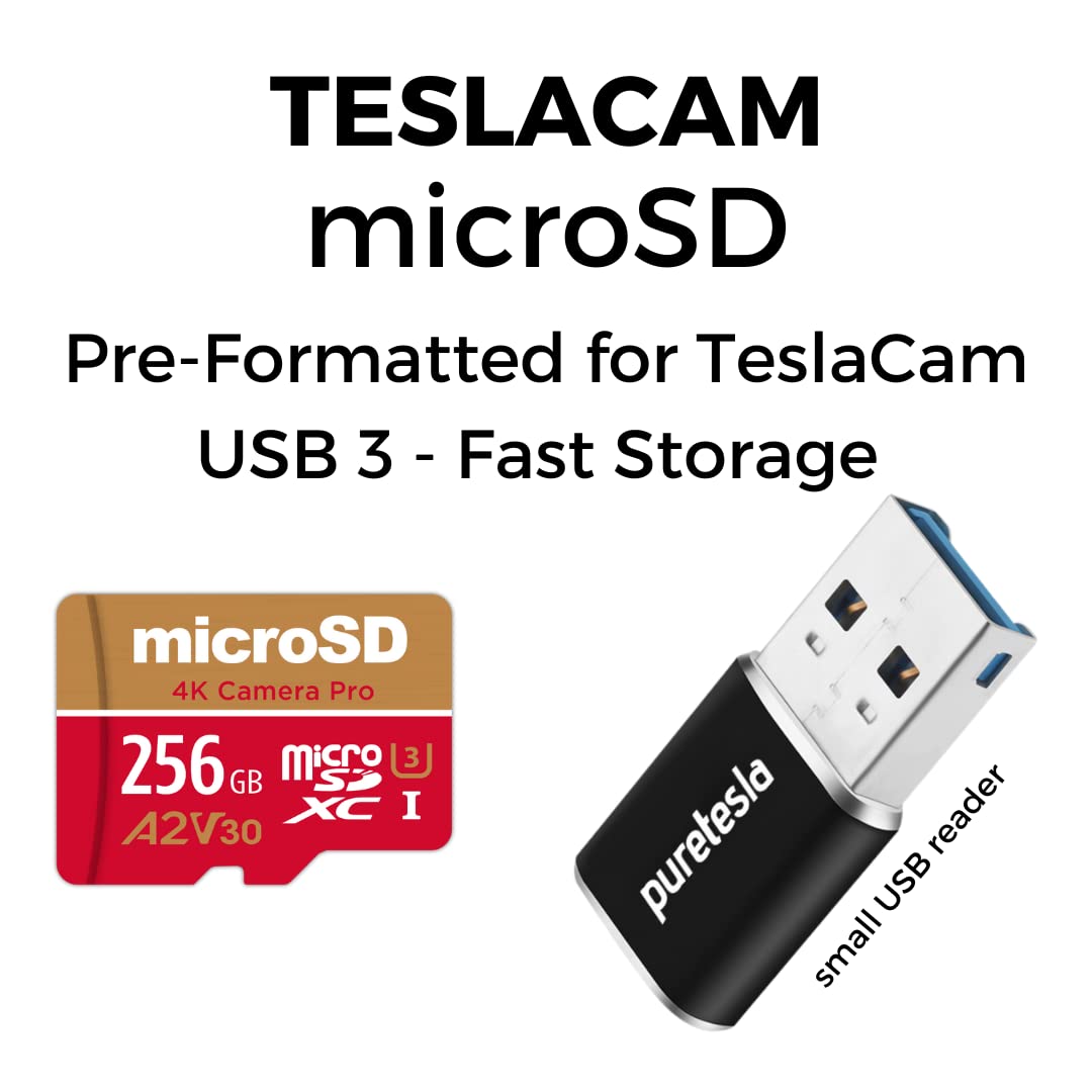 puretesla TeslaCam USB Drive 256 GB – Plug and Play USB Endurance microSD Drive Pre-Formatted for Tesla, TeslaCam, Dashcam,