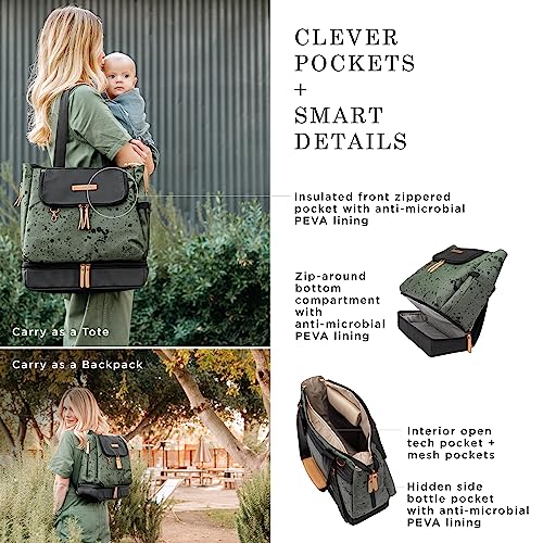 Petunia Pickle Bottom Pivot Backpack | Multiple Carrying Options (Backpack or Tote) | Insulated Pockets to Keep You Organized | Modern Silhouette with a Roomy Interior | Olive Ink Blot