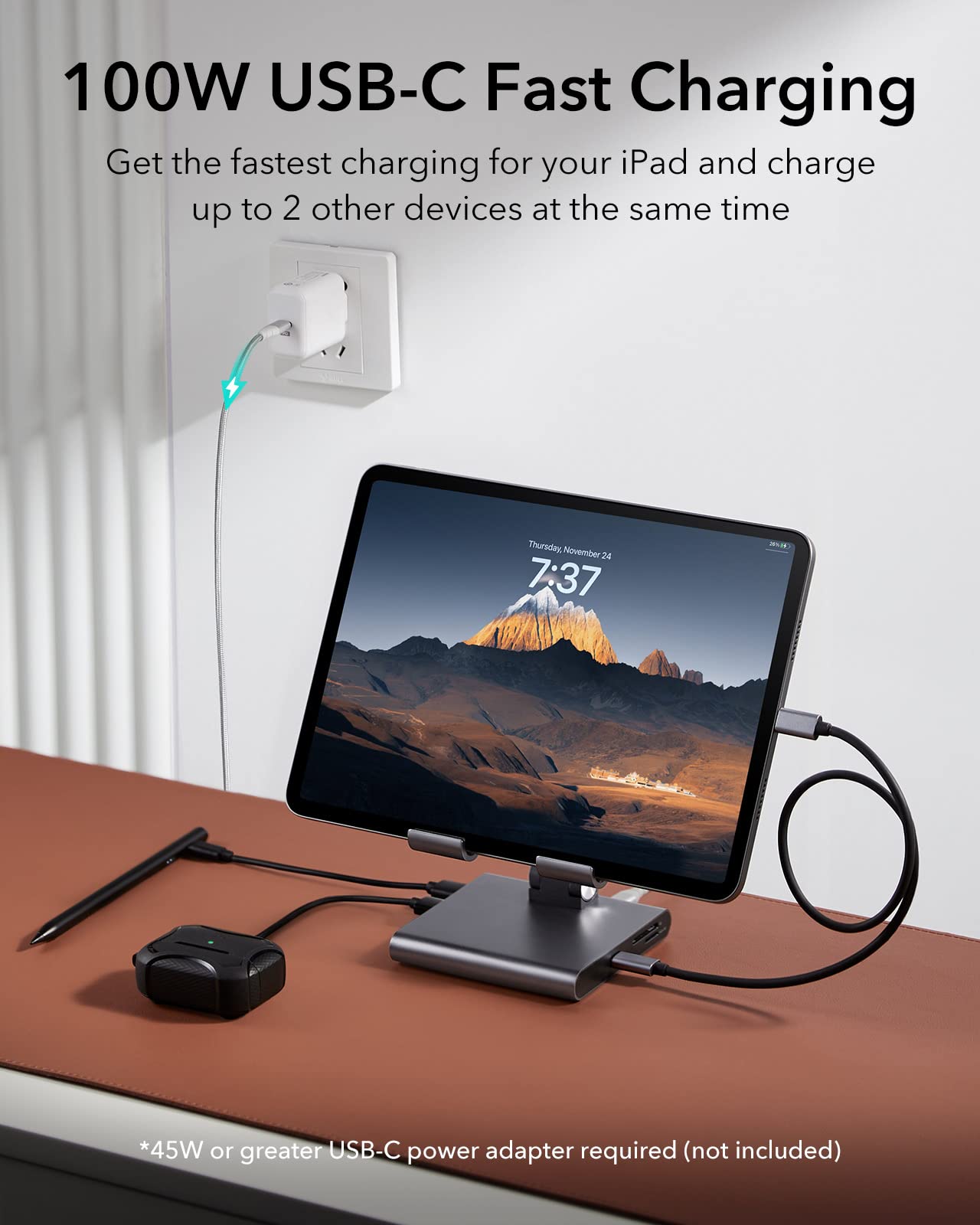 ESR 8-in-1 Portable Stand Hub, USB C Hub with Adjustable Stand, 100W PD Charging, 2 USB 3.0 Ports, 4K HDMI, 3.5-mm Jack, SD/microSD Card Slots, Compatible with iPad 10, iPad Pro, and Other USB-C iPads