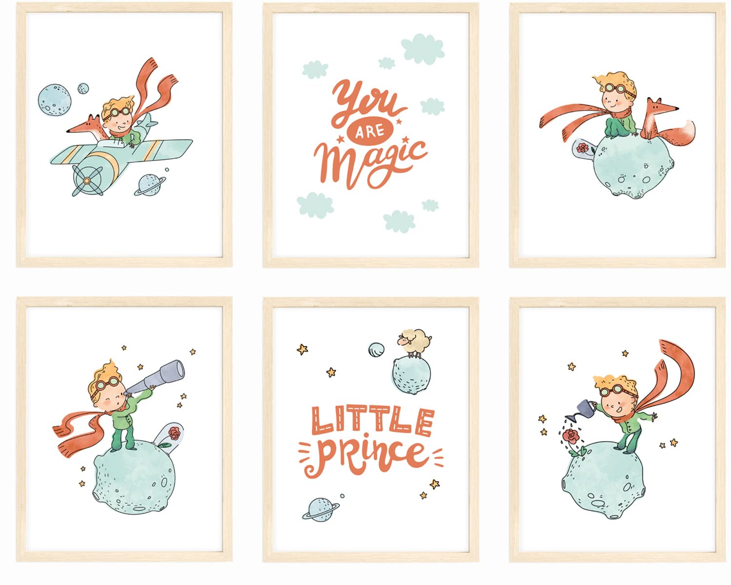 bumbleboo Nistio® Little Prince Nursery Wall Art, Little Prince Playroom Decor, Little Prince Posters, Set of 6 UNFRAMED Prints, 8x10