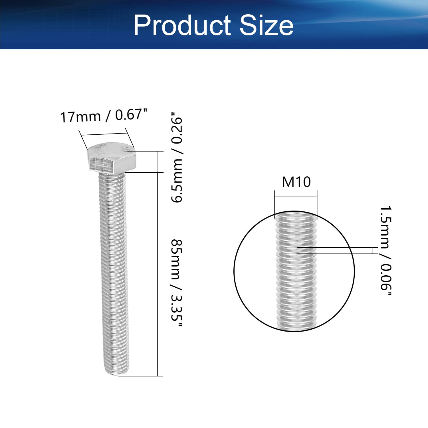 Bettomshin 5Pcs M10 x 85mm Hex Bolts, 304 Stainless Steel 1.5mm Thread Pitch Fully Threaded Metric Hex Head Screw Bolts, Hexagon Screw Bolt, Hex Tap Bolts, Silver (Overall Size 91.5x17x17mm)