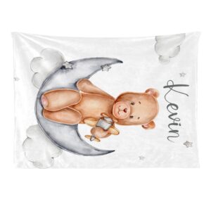 Teddy Bear Sits on Moon Personalized Baby Blanket for Baby Girl Boy, Custom Name Soft Warm Newborn Throw Blanket 30X40 in