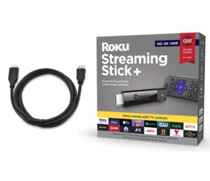 roku streaming stick+ streaming device with long-range wireless and roku voice remote with tv controls hd/4k/hdr & bundle swanky cables hdmi cable (roku streaming stick), 3810-r