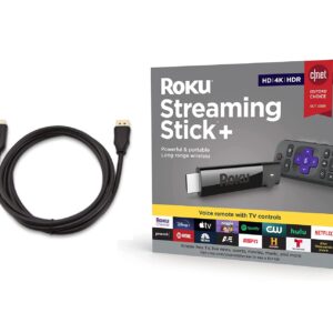 Roku Streaming Stick+ Streaming Device with Long-Range Wireless and Roku Voice Remote with TV Controls HD/4K/HDR & Bundle Swanky Cables HDMI Cable (Roku Streaming Stick), 3810-R