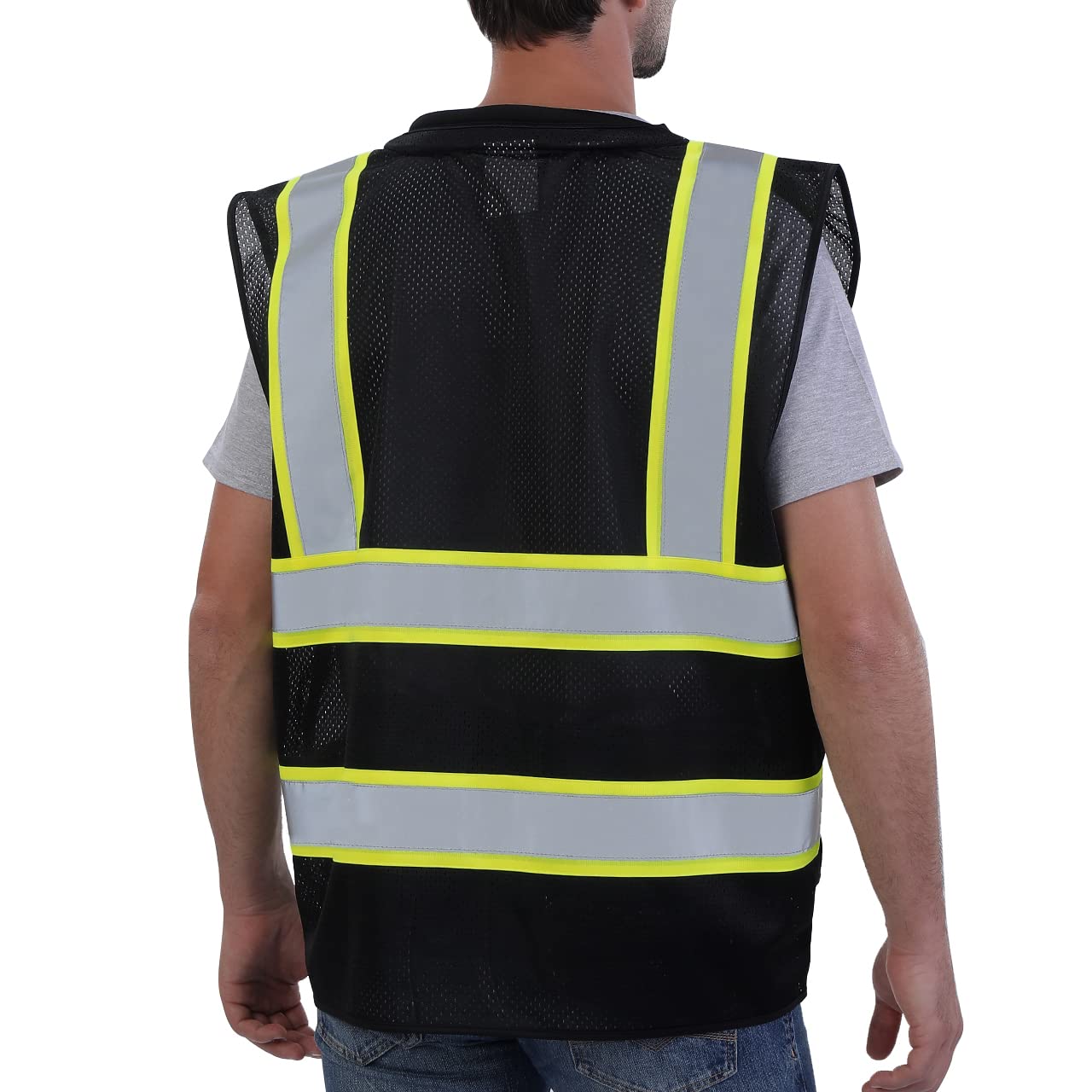 Neopelta Reflective Safety Vest Black Mesh, High Visibility Vest with Pockets and Zipper, Padded Neck, Black with Yellow Trim L