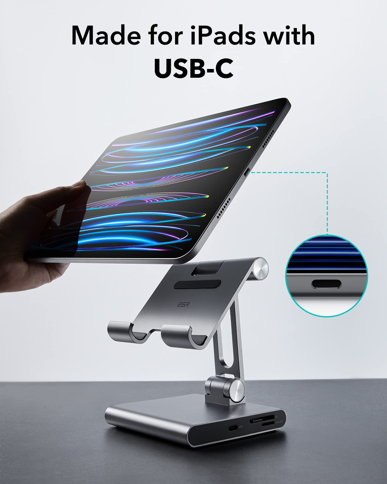 ESR 8-in-1 Portable Stand Hub, USB C Hub with Adjustable Stand, 100W PD Charging, 2 USB 3.0 Ports, 4K HDMI, 3.5-mm Jack, SD/microSD Card Slots, Compatible with iPad 10, iPad Pro, and Other USB-C iPads