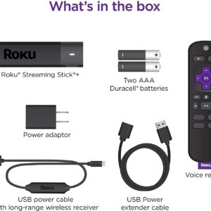 Roku Streaming Stick+ Streaming Device with Long-Range Wireless and Roku Voice Remote with TV Controls HD/4K/HDR & Bundle Swanky Cables HDMI Cable (Roku Streaming Stick), 3810-R