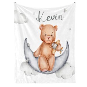 teddy bear sits on moon personalized baby blanket for baby girl boy, custom name soft warm newborn throw blanket 30x40 in